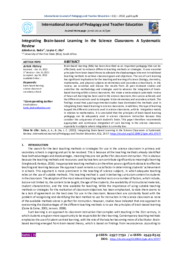 (PDF) Integrating Brain-based Learning in the Science Classroom: A Systematic Review