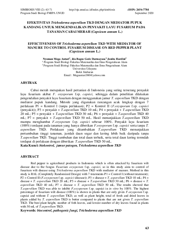 (PDF) EFFECTIVENESS OF Trichoderma asperellum TKD WITH MEDIATOR OF MANURE TO CONTROL FUSARIUM ...