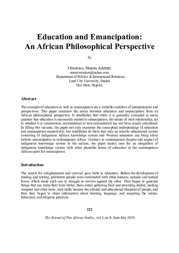 (PDF) Education and Emancipation: An African Philosophical Perspective