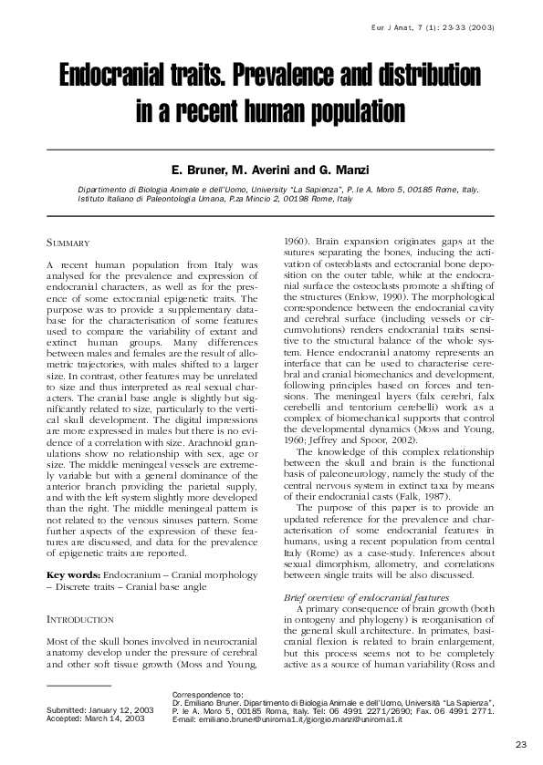 (PDF) Endocranial traits. Prevalence and distribution in a recent human ...