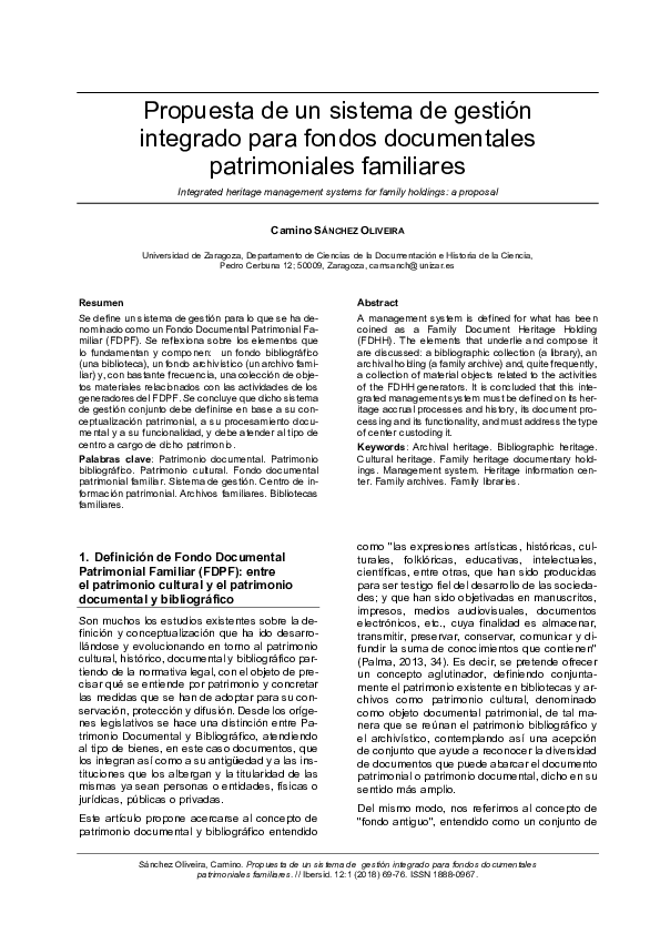 (PDF) Propuesta de un sistema de gestión integrado para fondos documentales patrimoniales familiares