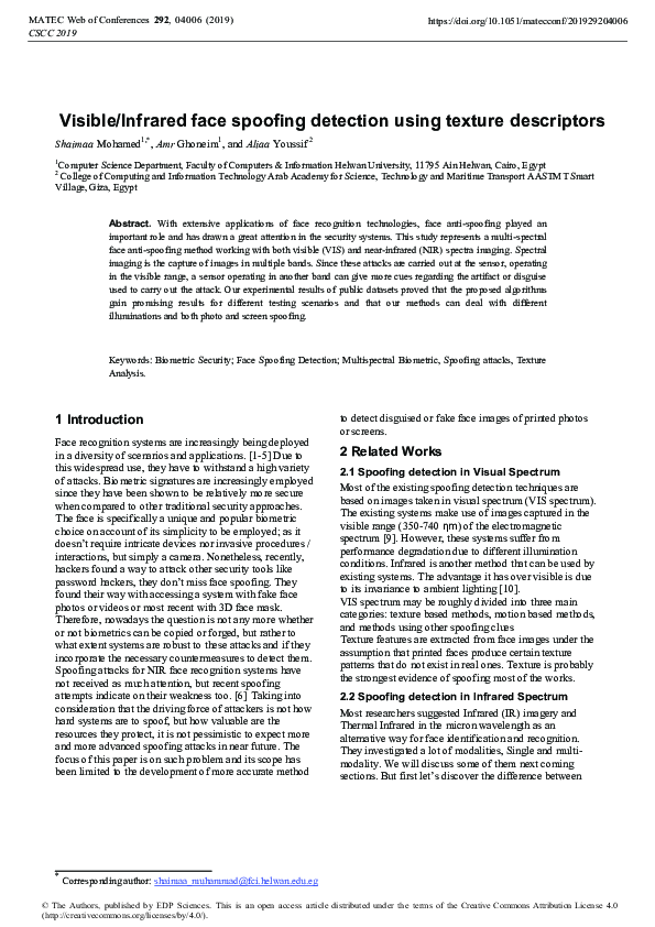 Pdf Visibleinfrared Face Spoofing Detection Using Texture Descriptors