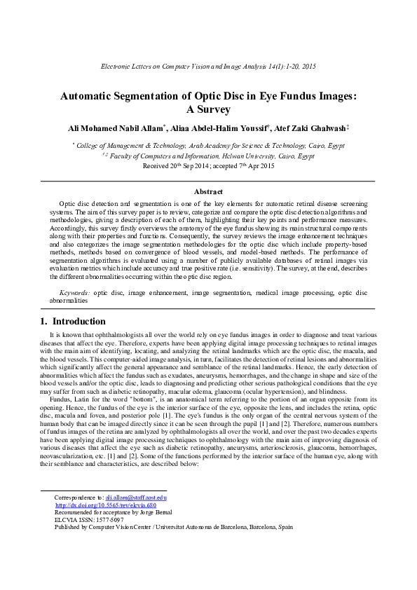 Pdf Automatic Segmentation Of Optic Disc In Eye Fundus Images A Survey Aliaa Youssif