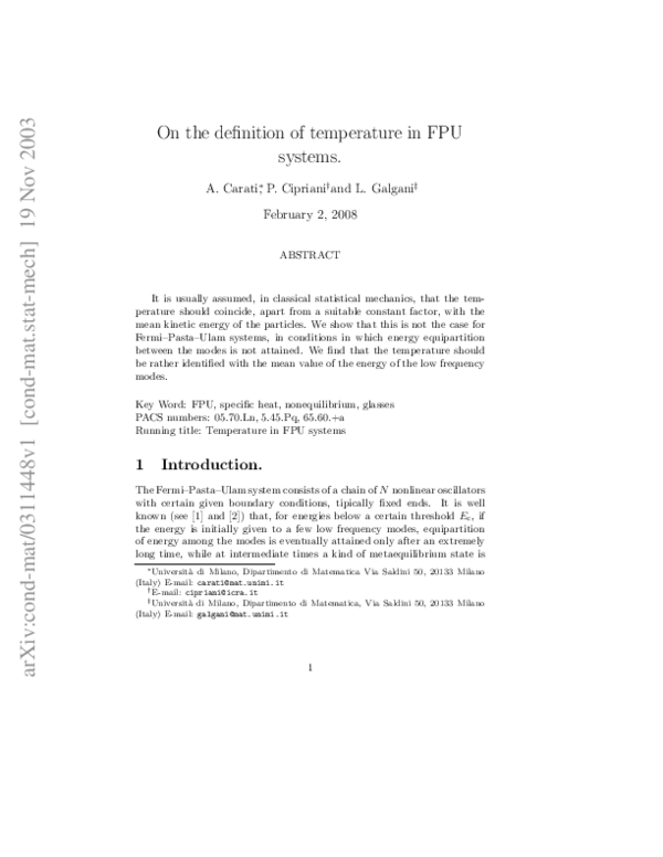 (PDF) On the definition of temperature in FPU systems | andrea carati ...