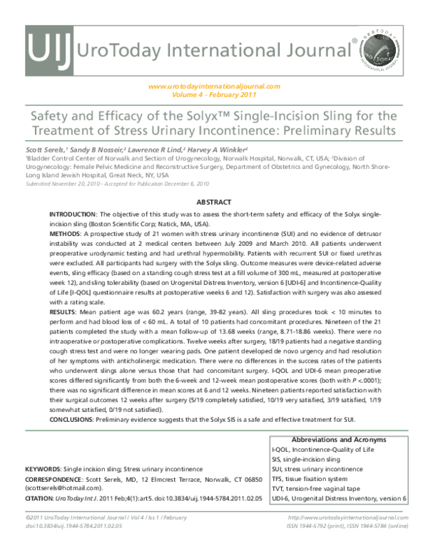 (PDF) Safety and Efficacy of the Solyx Single-Incision Sling for the ...