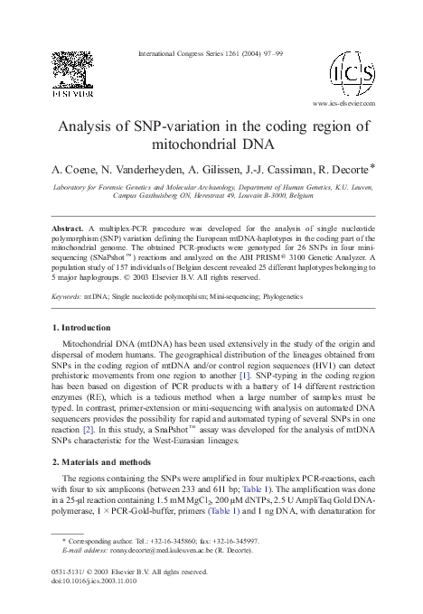 (PDF) Analysis of SNP-variation in the coding region of mitochondrial DNA