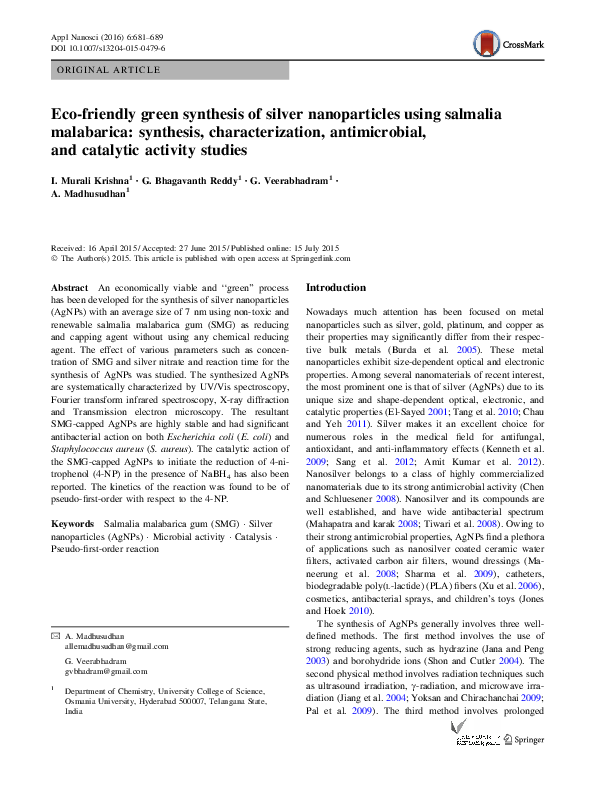 (PDF) Eco-friendly green synthesis of silver nanoparticles using salmalia malabarica: synthesis ...