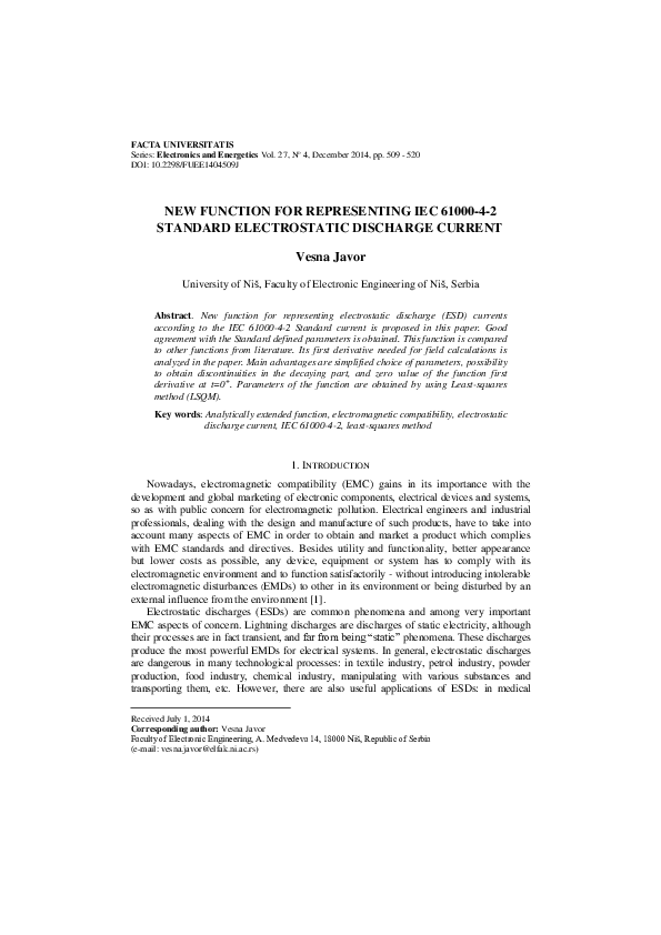 (PDF) New function for representing IEC 61000-4-2 standard electrostatic discharge current