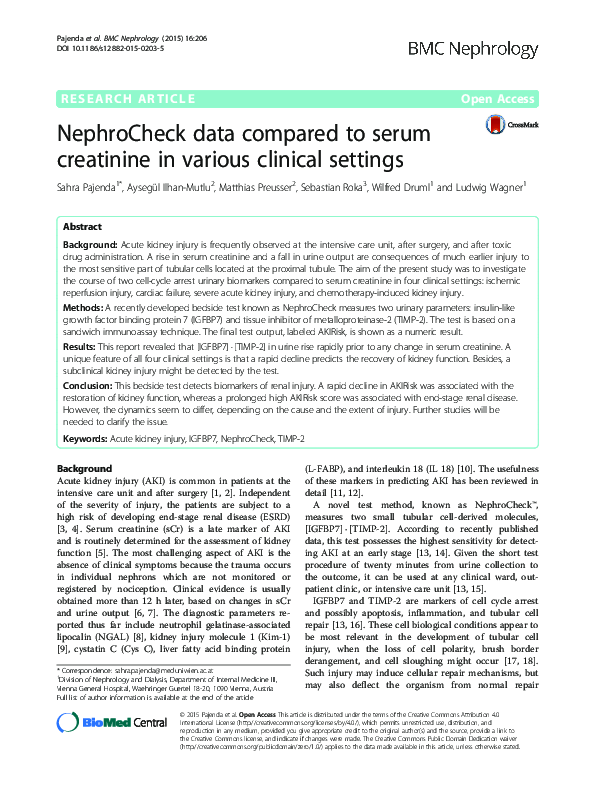 (PDF) NephroCheck data compared to serum creatinine in various clinical ...