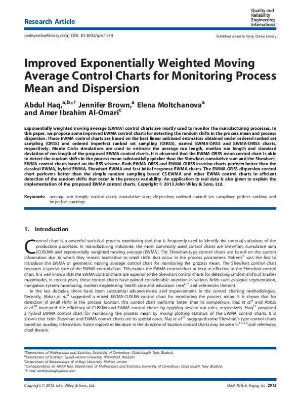(PDF) Improved Exponentially Weighted Moving Average Control Charts for Monitoring Process Mean ...