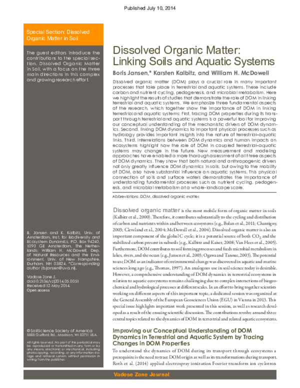 (PDF) Dissolved Organic Matter: Linking Soils and Aquatic Systems