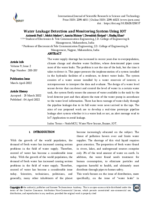 (PDF) Water Leakage Detection and Monitoring System Using IOT