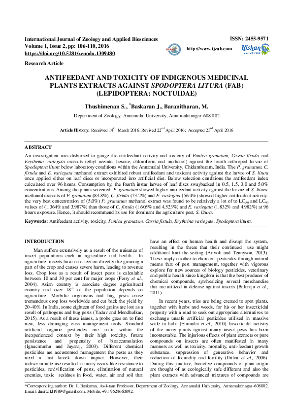 (PDF) ANTIFEEDANT AND TOXICITY OF INDIGENOUS MEDICINAL PLANTS EXTRACTS AGAINST SPODOPTERA LITURA ...