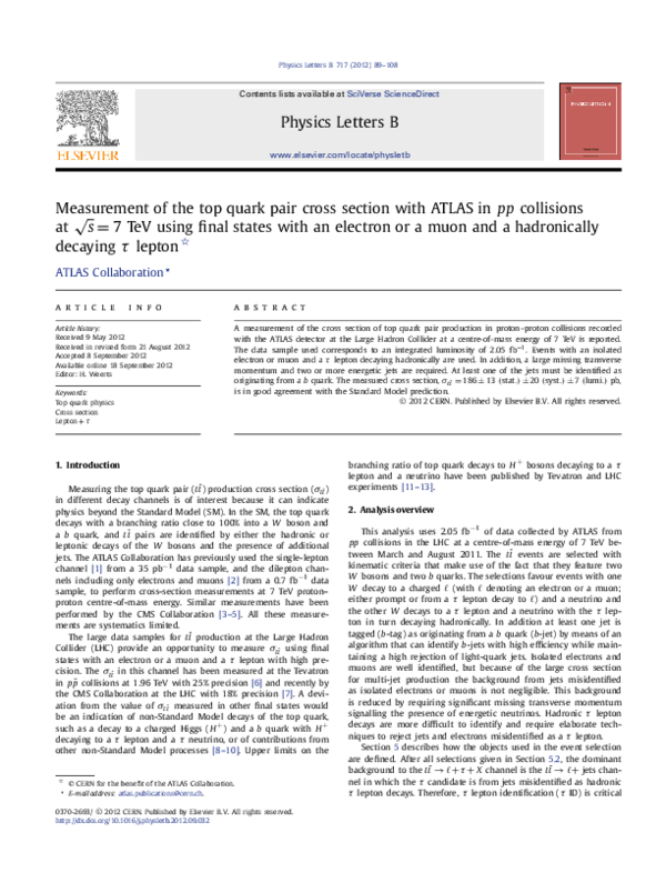 Pdf Measurement Of The Top Quark Pair Cross Section With Atlas In Pp Collisions At Using Final