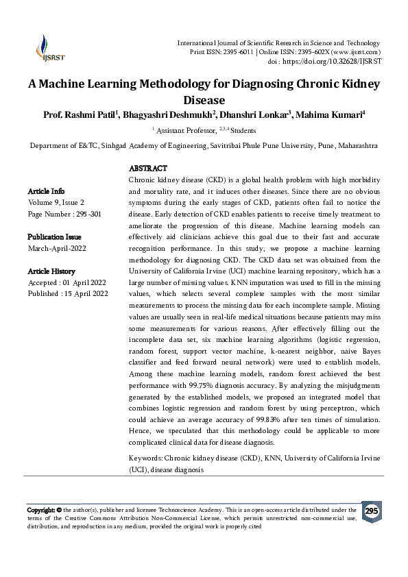 (PDF) A Machine Learning Methodology for Diagnosing Chronic Kidney Disease