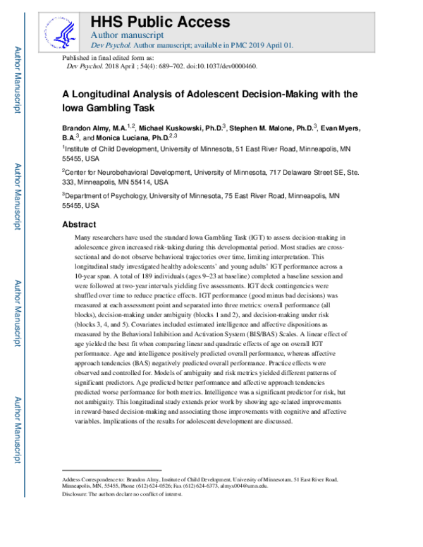 (PDF) A Longitudinal Analysis of Adolescent Decision-Making With the ...