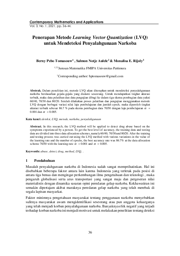 (PDF) Penerapan Metode Learning Vector Quantization (LVQ) untuk Mendeteksi Penyalahgunaan Narkoba