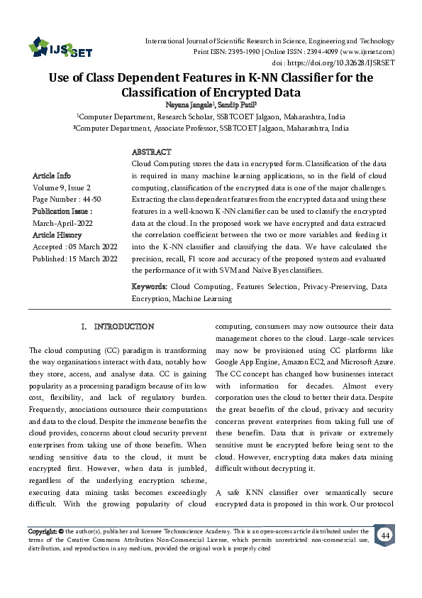 Pdf Use Of Class Dependent Features In K Nn Classifier For The Classification Of Encrypted Data