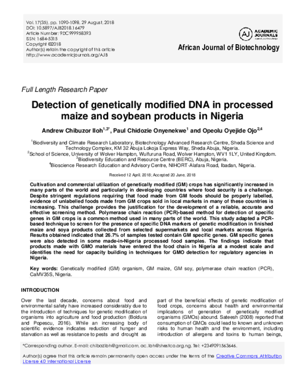 (PDF) Detection of genetically modified DNA in processed maize and soybean products in Nigeria