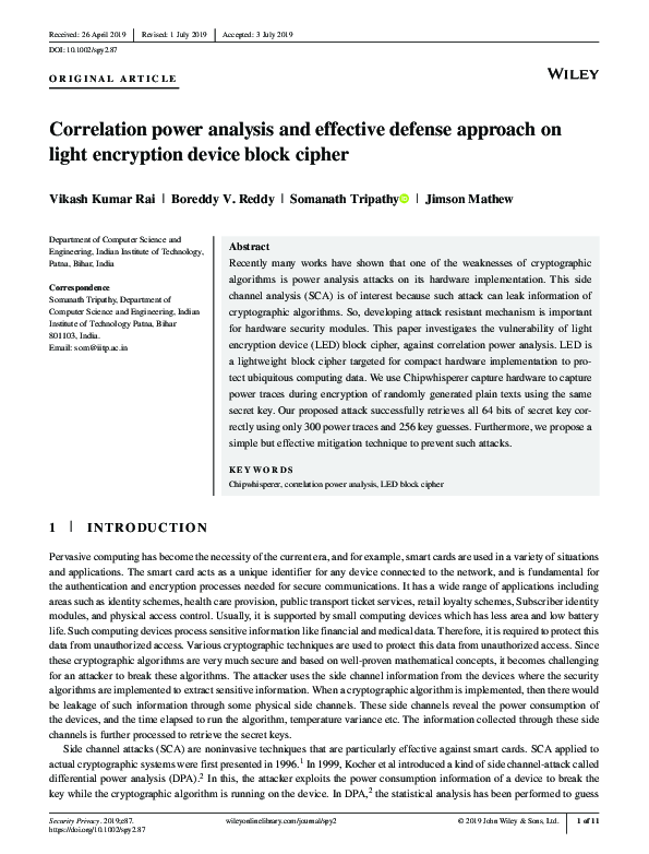 (PDF) Correlation power analysis and effective defense approach on light encryption device block ...