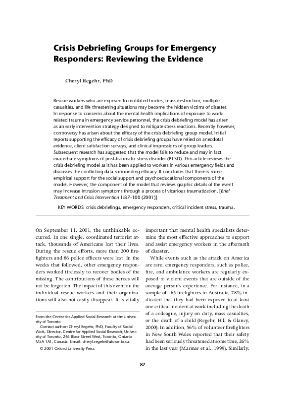 (PDF) Crisis Debriefing Groups for Emergency Responders: Reviewing the ...