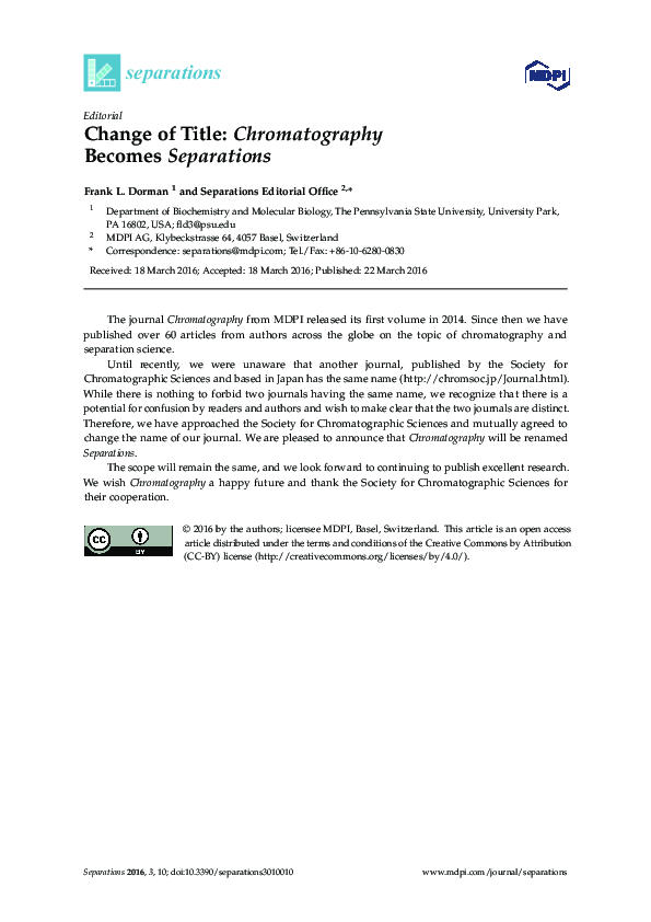 (PDF) Change of Title: Chromatography Becomes Separations | Frank ...