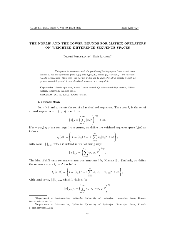 (PDF) The Norms and the Lower Bounds for Matrix Operators on Weighted Difference Sequence Spaces ...
