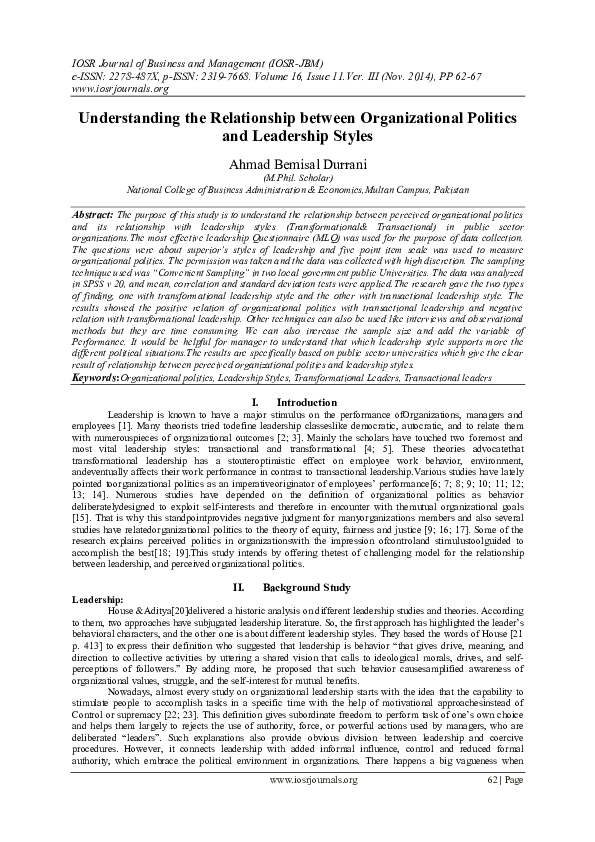 (PDF) Understanding the Relationship between Organizational Politics and Leadership Styles