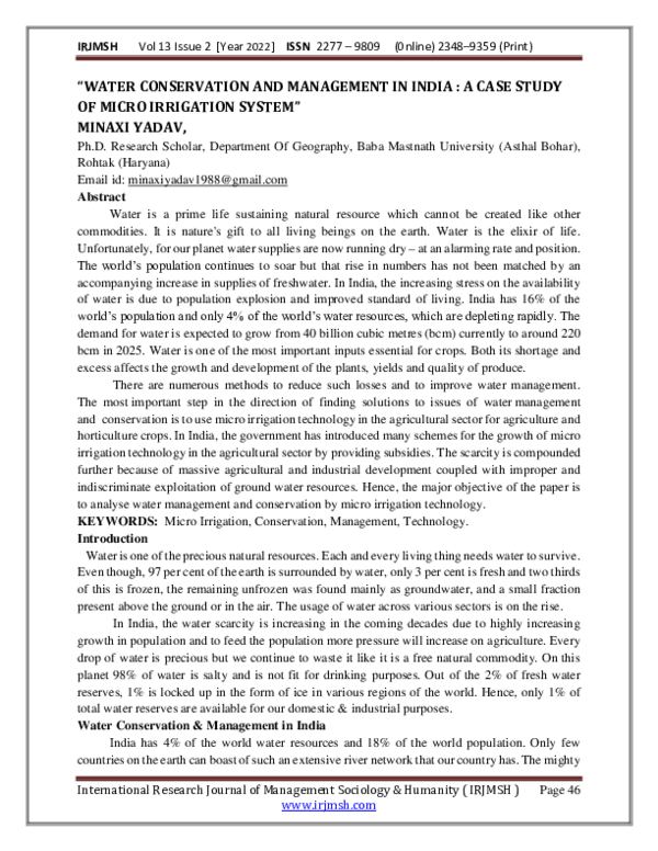 (PDF) "WATER CONSERVATION AND MANAGEMENT IN INDIA : A CASE STUDY OF ...