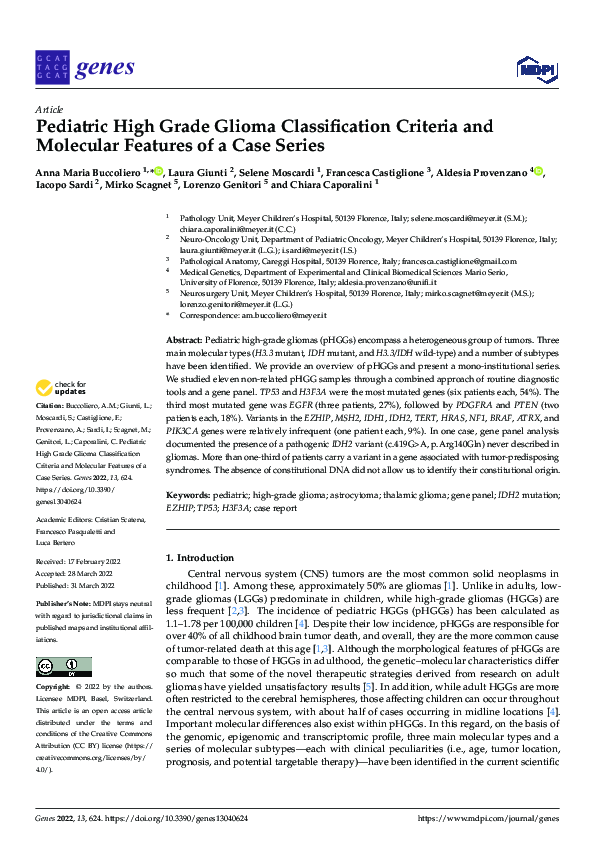 (PDF) Pediatric High Grade Glioma Classification Criteria and Molecular Features of a Case Series