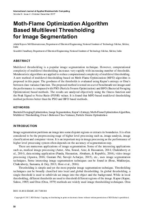 (PDF) Moth-Flame Optimization Algorithm Based Multilevel Thresholding for Image Segmentation ...