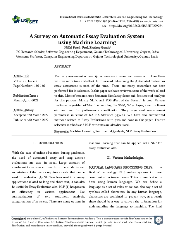 (PDF) A Survey on Automatic Essay Evaluation System using Machine Learning