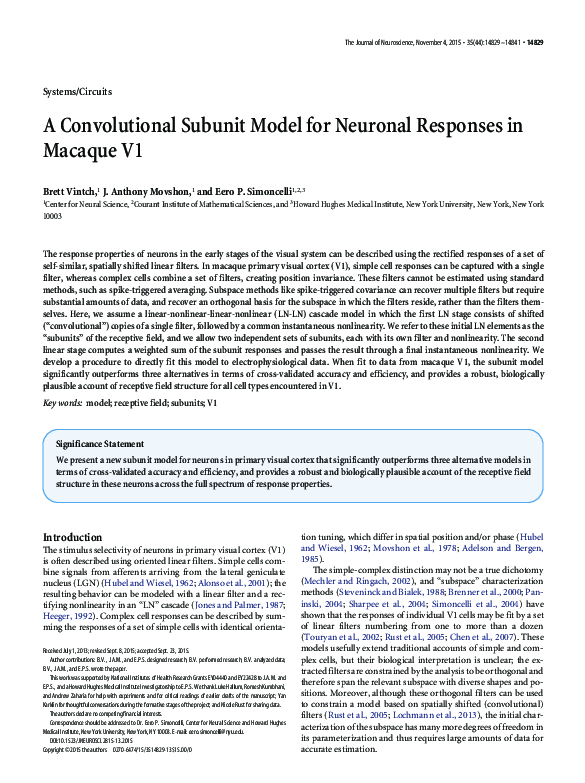Pdf A Convolutional Subunit Model For Neuronal Responses In Macaque