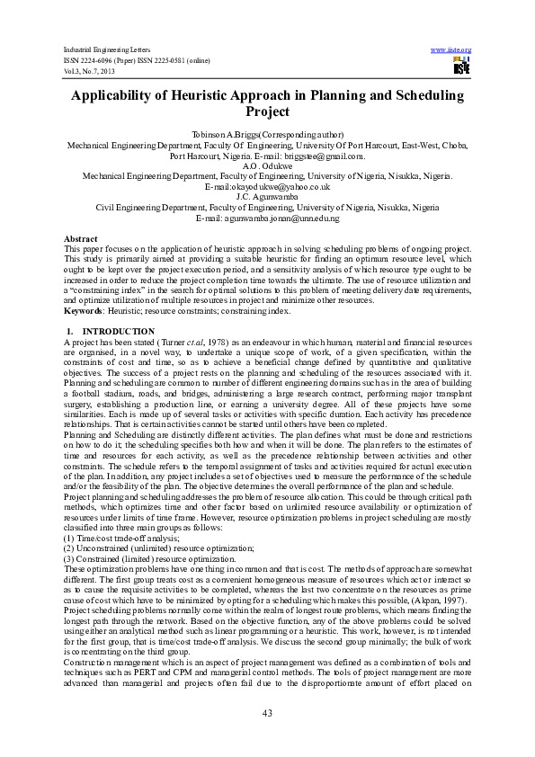 (PDF) Applicability of Heuristic Approach in Planning and Scheduling Project