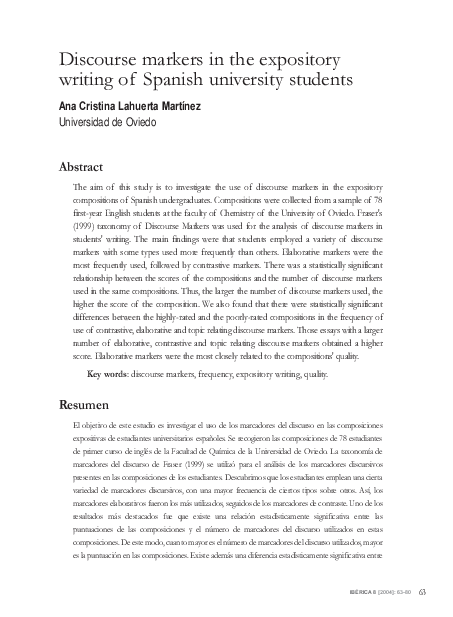 (PDF) Discourse markers in the expository writing of Spanish university ...