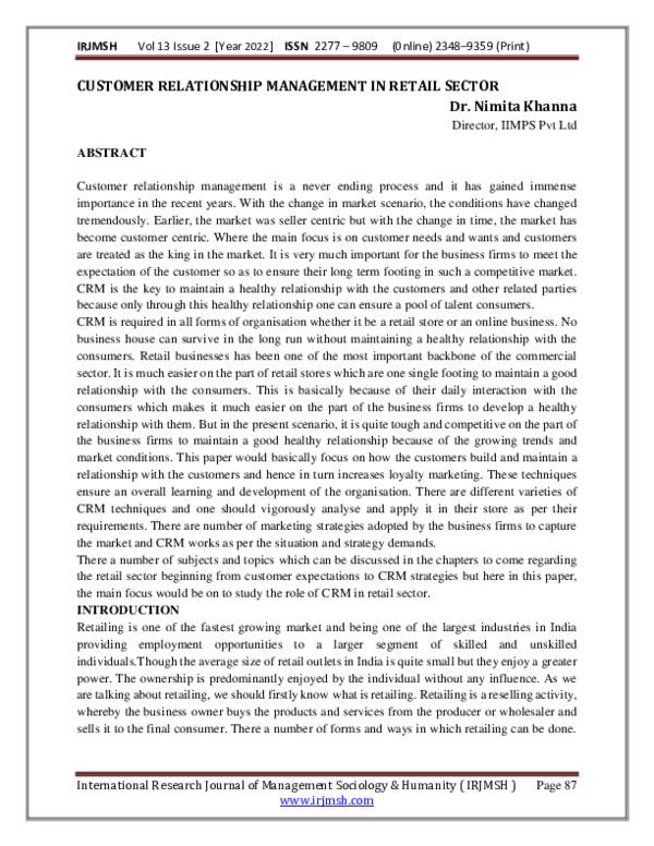 (PDF) CUSTOMER RELATIONSHIP MANAGEMENT IN RETAIL SECTOR