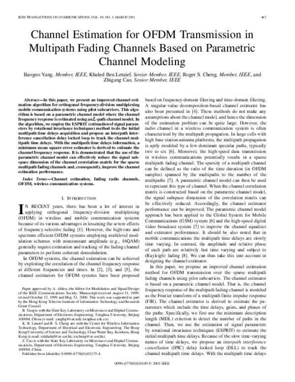(PDF) Channel estimation for OFDM transmission in multipath fading channels based on parametric ...