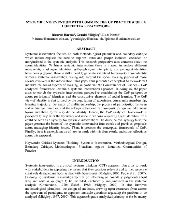 (PDF) Systemic Intervention with Communities of Practice (Cop): A Conceptual Framework