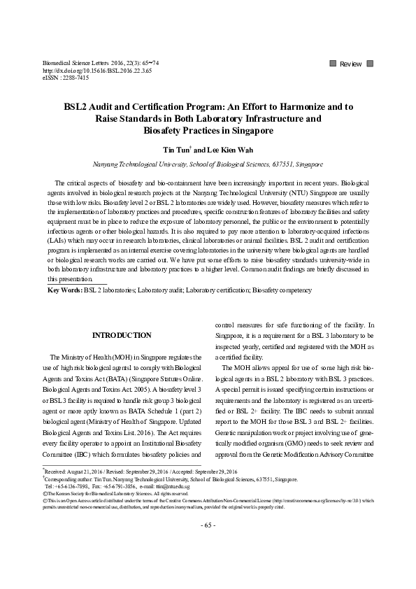 (PDF) BSL2 Audit and Certification Program: An Effort to Harmonize and ...