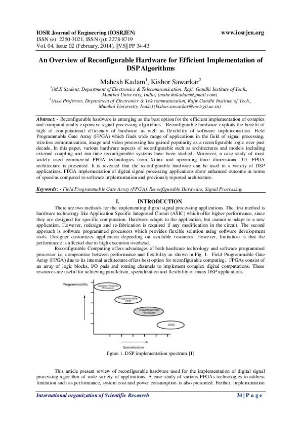 Pdf An Overview Of Reconfigurable Hardware For Efficient Implementation Of Dsp Algorithms