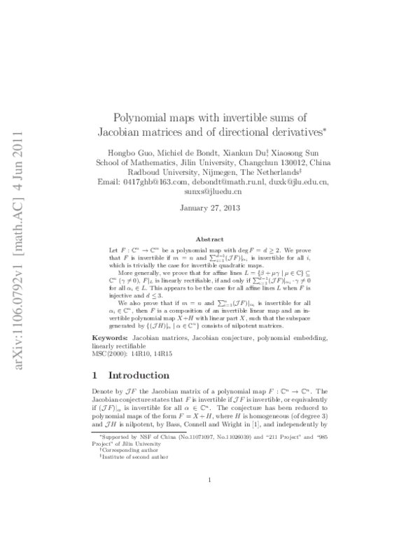 (PDF) Polynomial maps with invertible sums of Jacobian matrices and of directional Derivatives