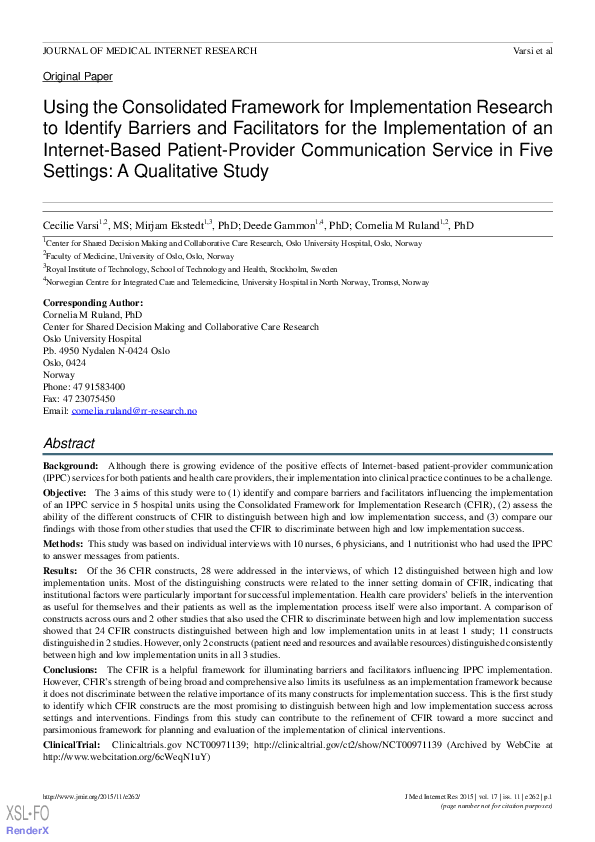 (PDF) Using the Consolidated Framework for Implementation Research to Identify Barriers and ...