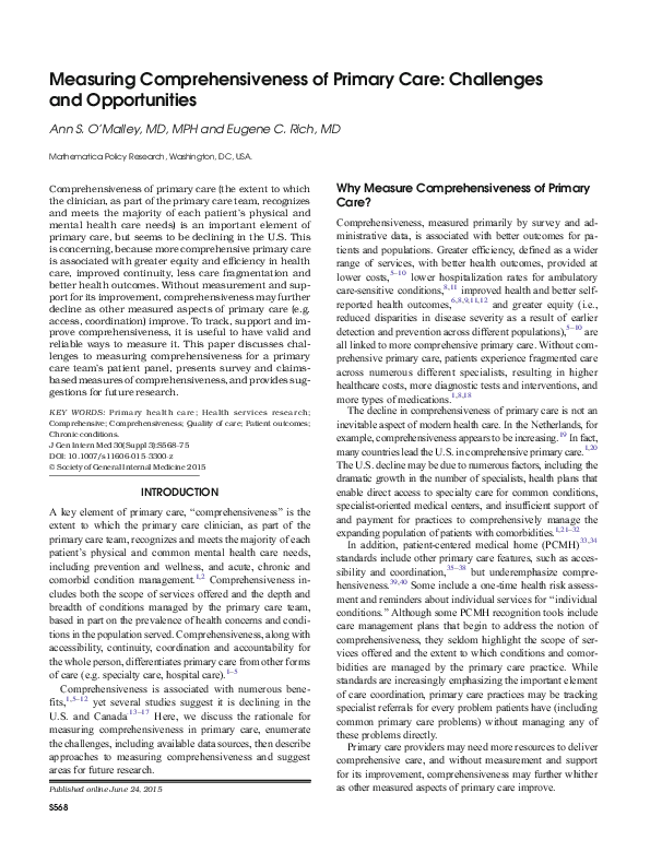 (PDF) Measuring Comprehensiveness of Primary Care: Challenges and ...