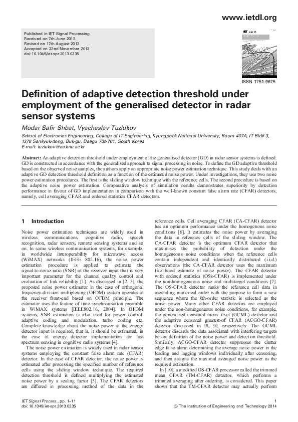 (PDF) Definition of adaptive detection threshold under employment of ...