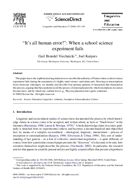 (PDF) “It's all human error!”: When a school science experiment fails