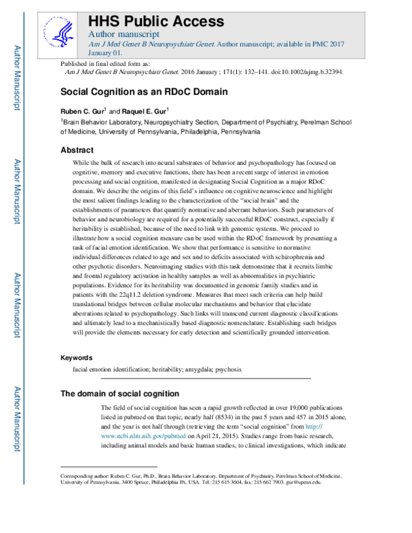 (PDF) Social cognition as an RDoC domain