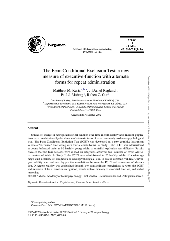 (PDF) The Penn Conditional Exclusion Test: a new measure of executive ...