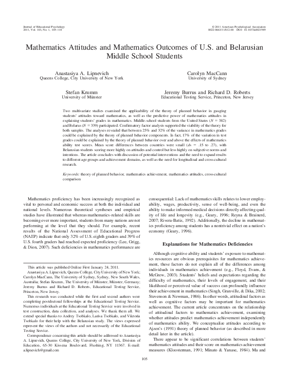 (PDF) Mathematics attitudes and mathematics outcomes of U.S. and ...