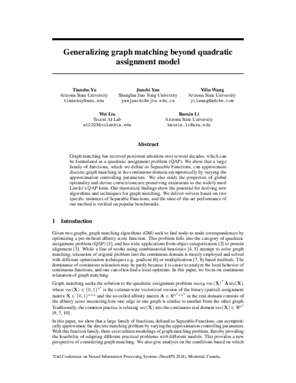 (PDF) Generalizing Graph Matching beyond Quadratic Assignment Model