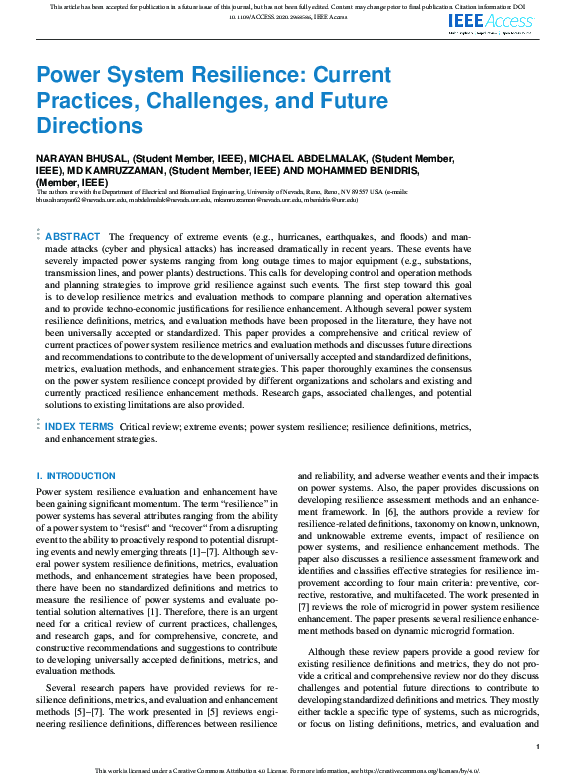 (PDF) Power System Resilience: Current Practices, Challenges, and ...